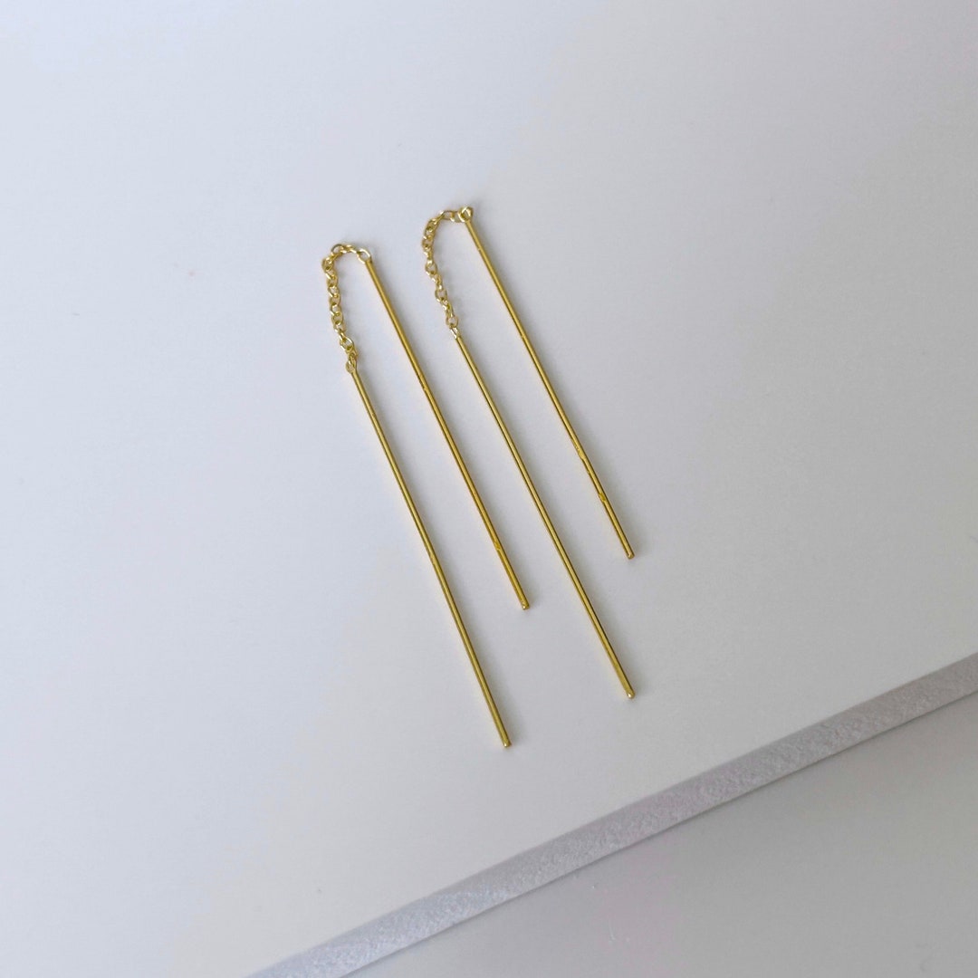 Threader Earrings, Sterling Silver, Gold Threader Earrings, Bar Chain ...