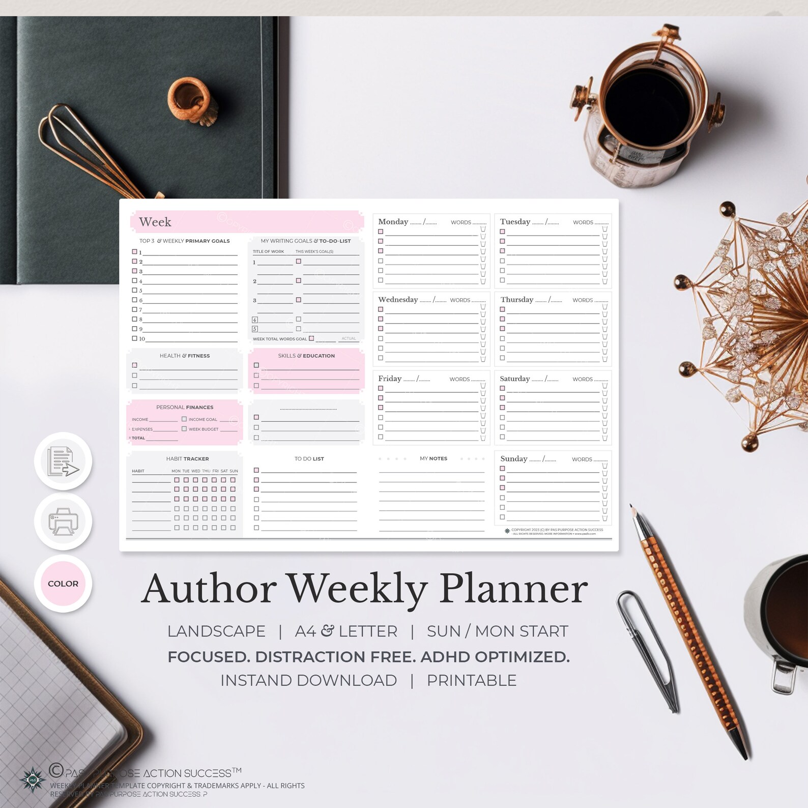Writer Weekly Planner Notepad Printable A4 & Letter to Do List Instand ...