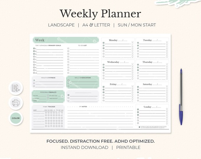 Printable, Landscape Minimalist Weekly Planner, Weekly Schedule, Weekly ...