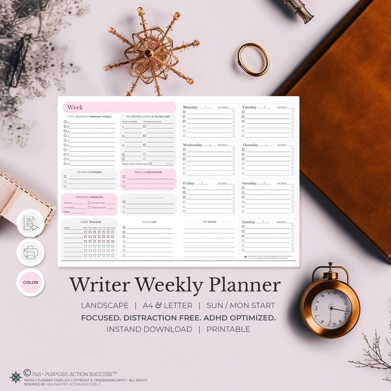 Writer Weekly Planner Notepad Printable A4 & Letter to Do List Instand ...