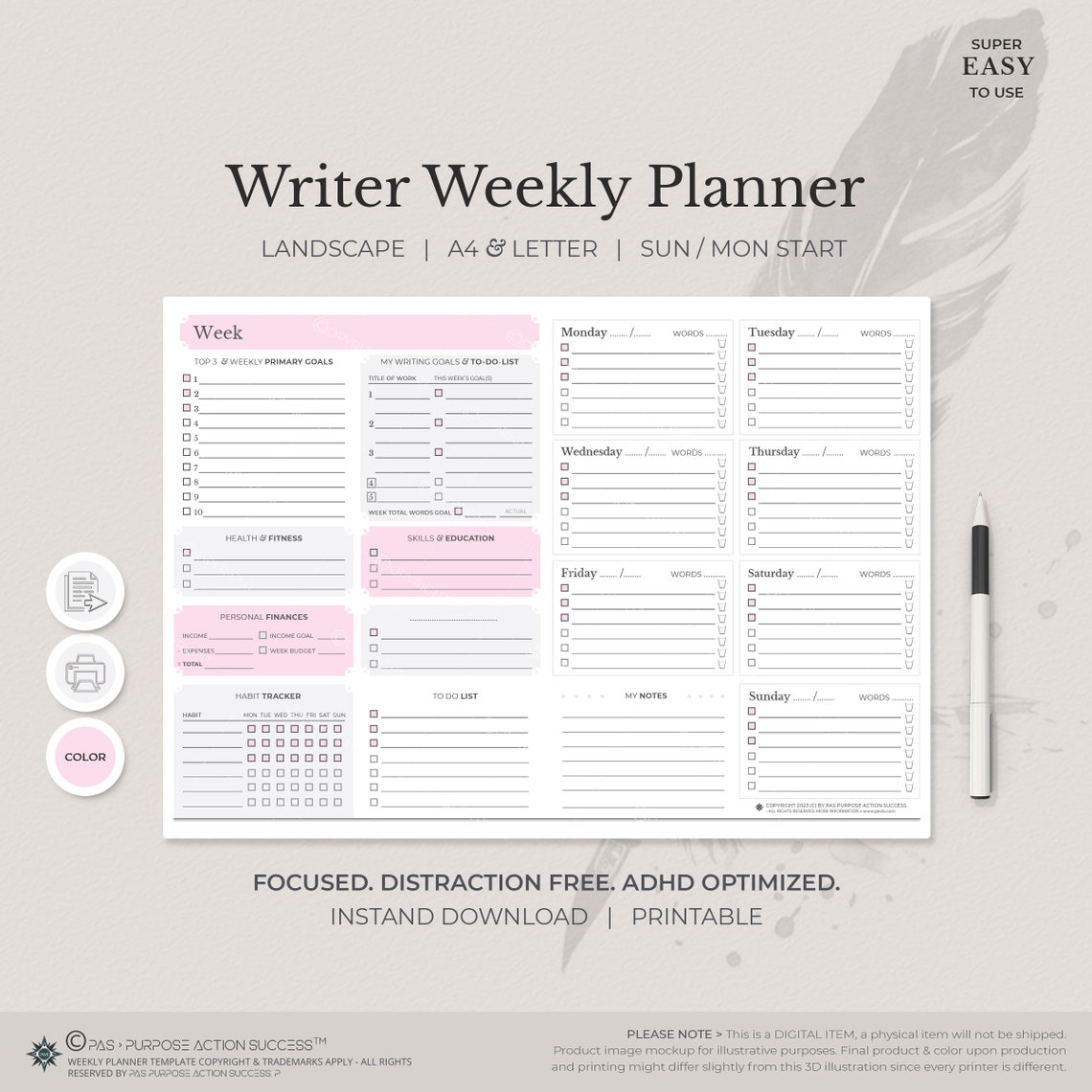 Writer Weekly Planner Notepad Printable A4 & Letter to Do List Instand ...