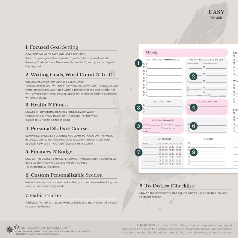 Writer Weekly Planner Notepad Printable A4 & Letter to Do List Instand ...