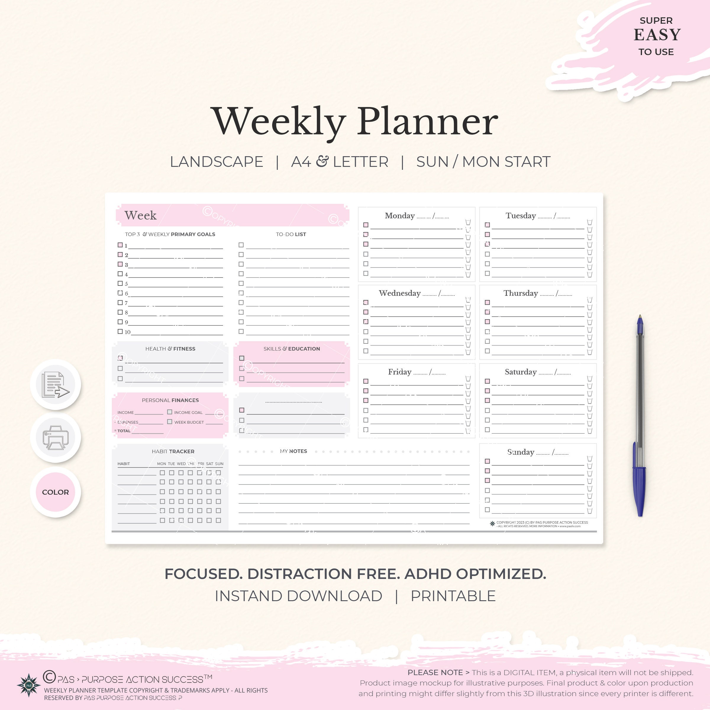 Weekly Planner Notepad Printable A4 & Letter Weekly Planner to Do List ...