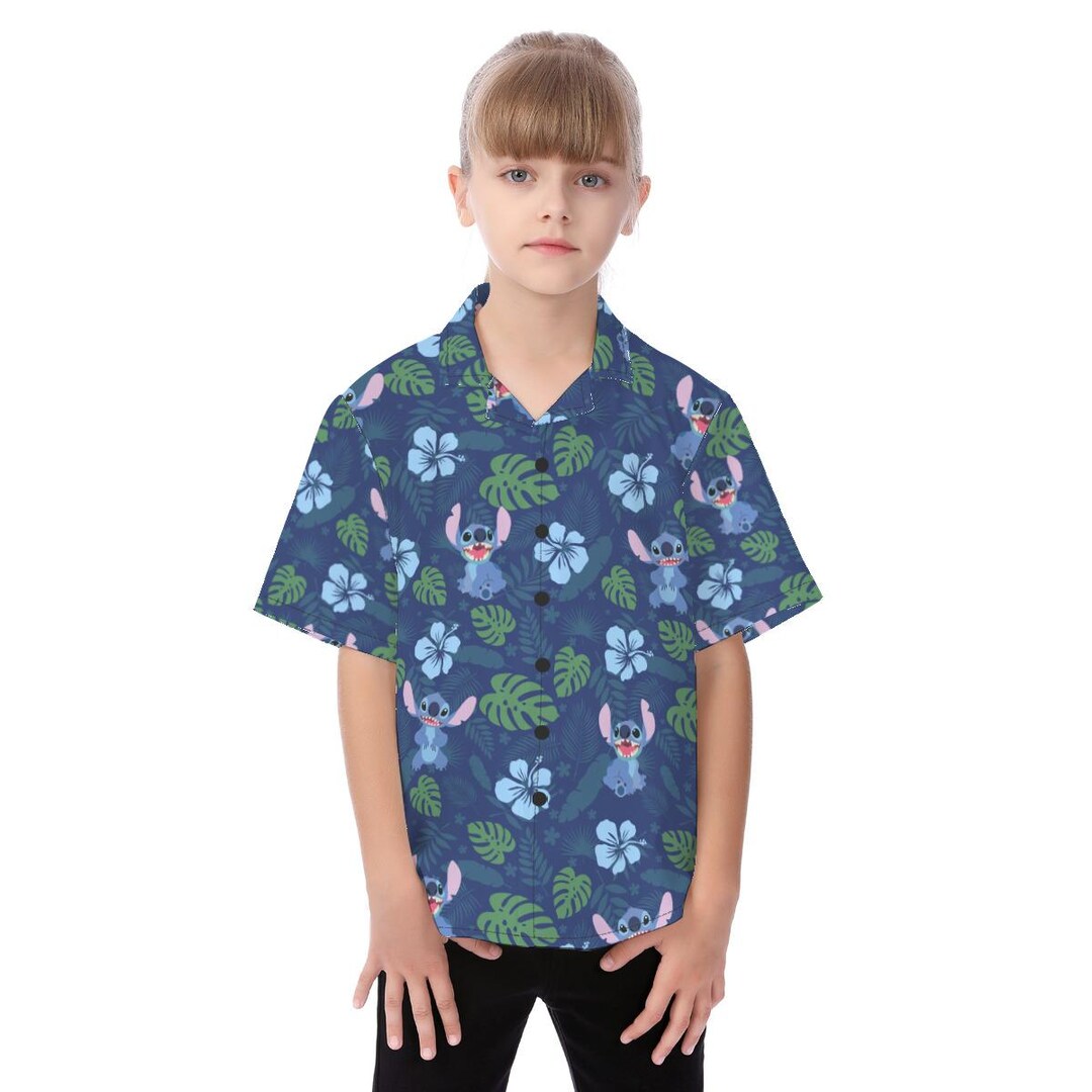 Stitch Button up Kids Shirt, Blue Flower & Green Leaf Hawaii Pattern ...