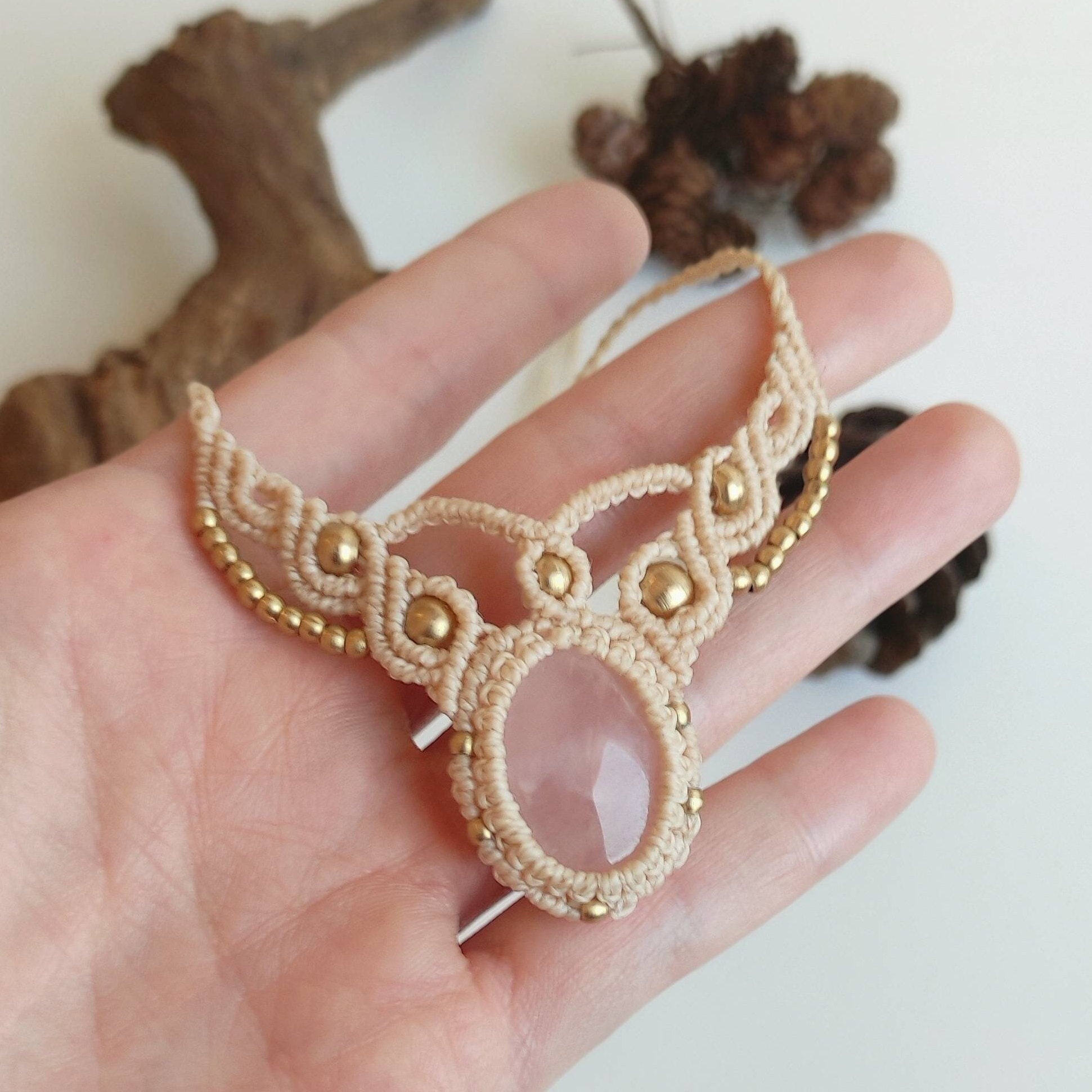 Boho Macrame Necklace With Natural Rose Quartz Gemstone Beige Beaded ...