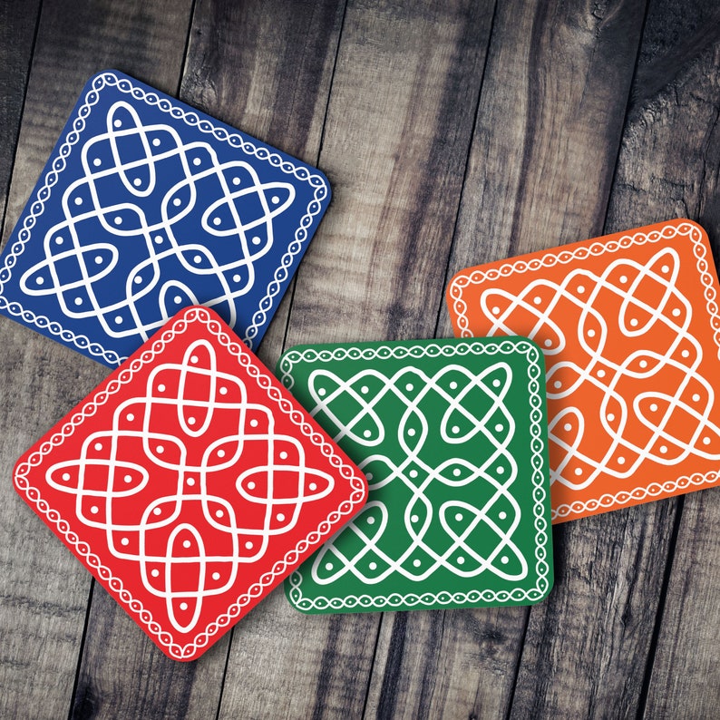 Indian Kolam Coaster Set of 4 With Cork Back, Indian Rangoli Coasters ...