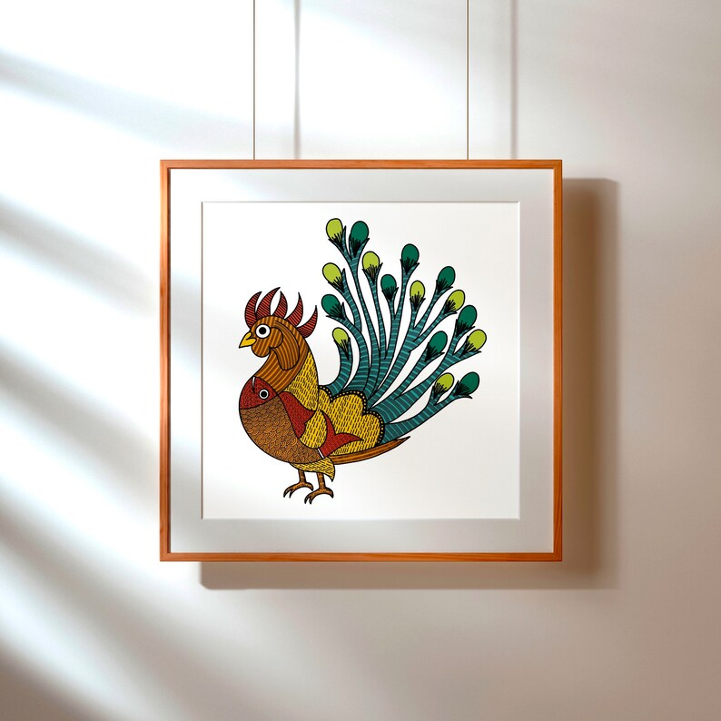 Rooster in Gond Photo Art Paper Square Posters Traditional Art With ...