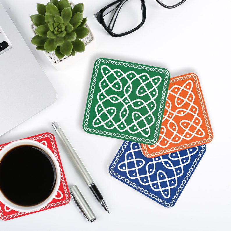 Indian Kolam Coaster Set of 4 With Cork Back, Indian Rangoli Coasters ...