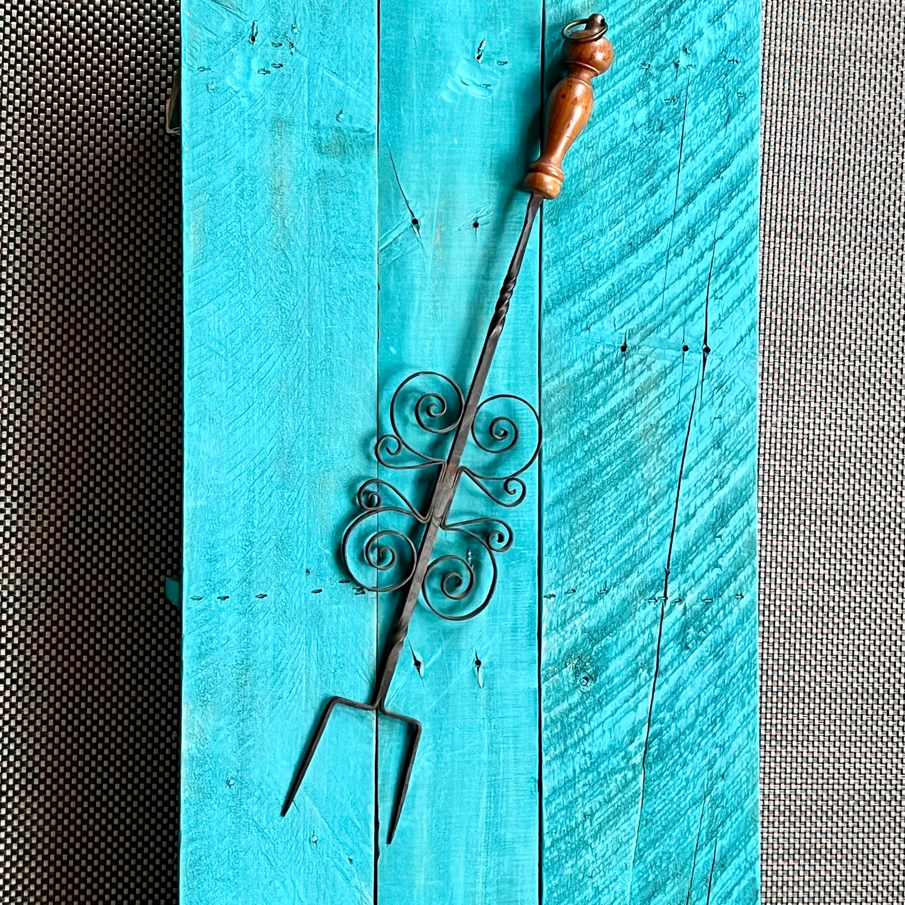 Vintage Hand Forged Iron Roasting Fork: Ornate Wood Handle, Campfire ...
