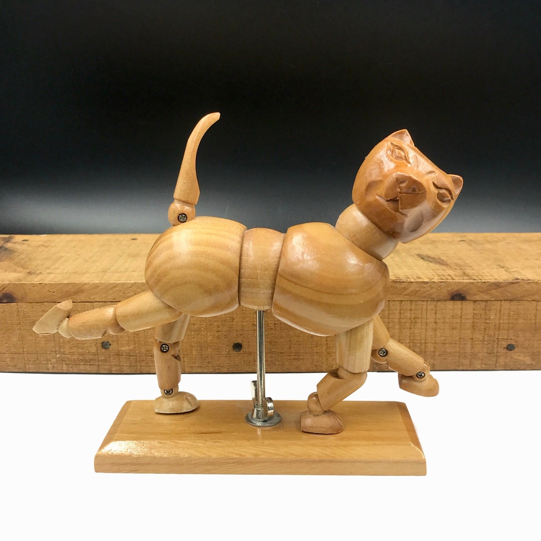 VTG Wooden Cat Artist Drawing Model Figurine, Fully Jointed Adjustable ...
