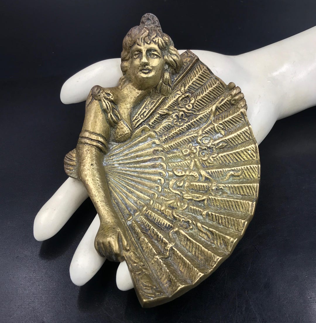 VTG to Antique Metal/brass Art Nouveau Woman Holding Fan Ashtray/soap ...