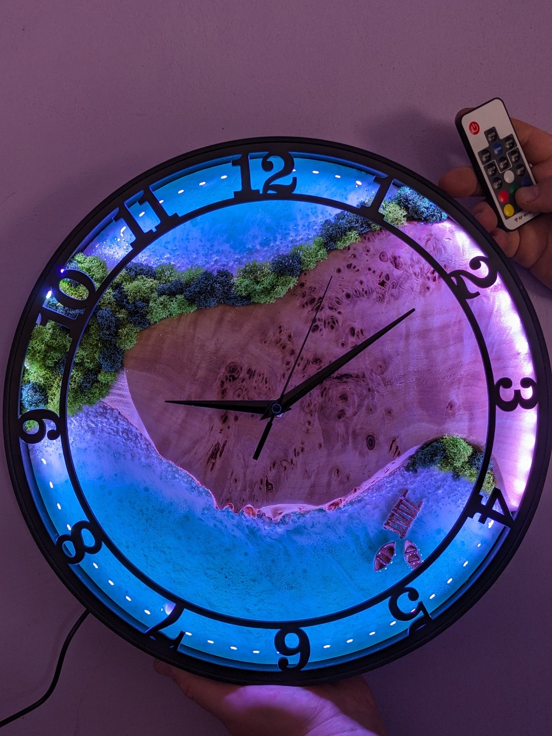 Neon LED Wall Clock: Moss Wood & Epoxy Resin, Silent Clock (14") - Etsy