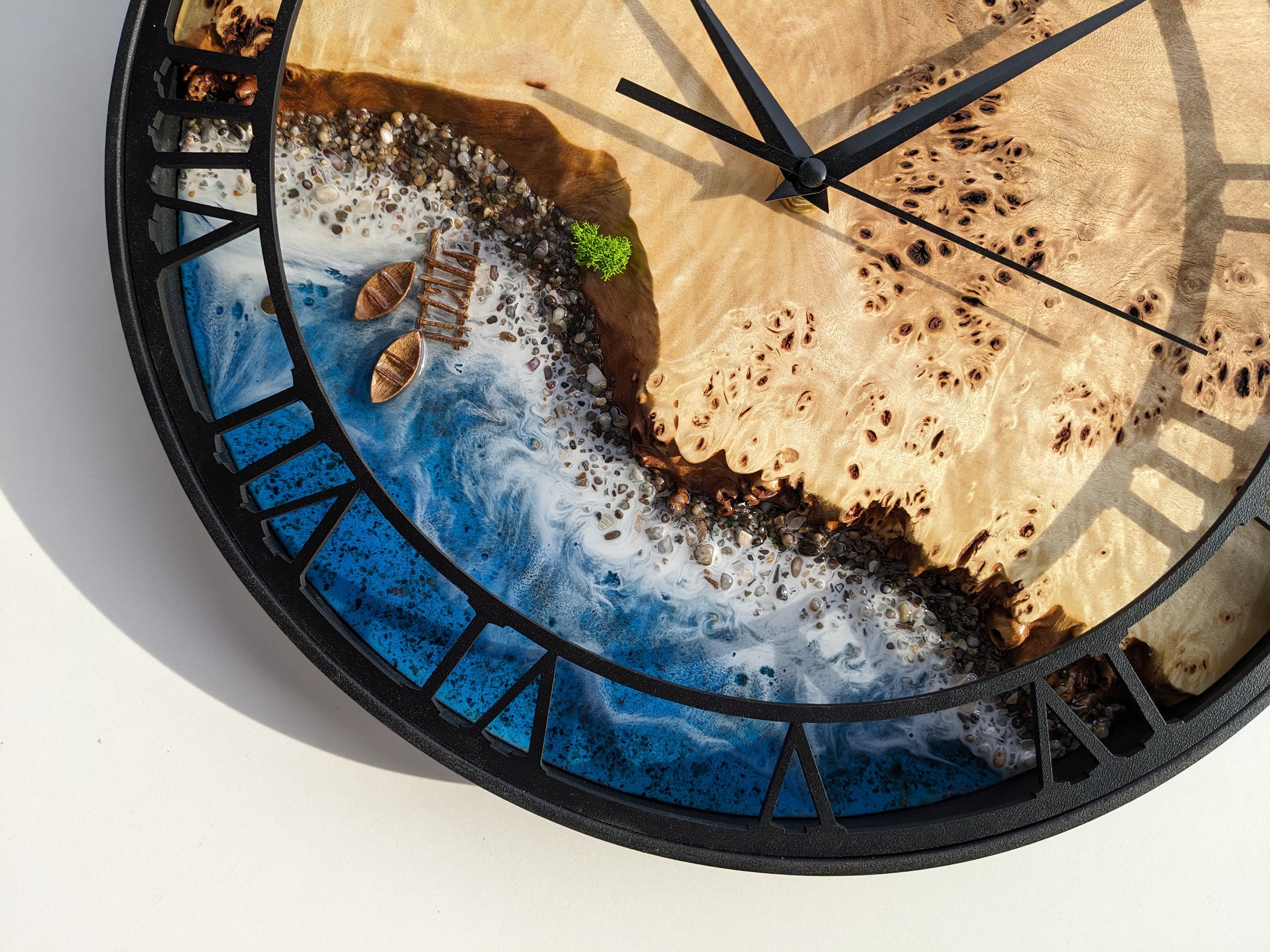 Wood Resin Wall Clock, Moss Decor, Beach Wave Wall Clock, Epoxy Resin ...
