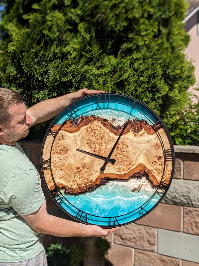 Oversized Resin Wall Clock: Live Edge Wood, Ocean Theme (27.5") - Etsy