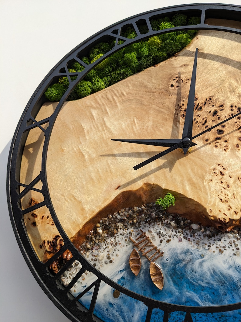 Wood Resin Wall Clock, Moss Decor, Beach Wave Wall Clock, Epoxy Resin ...