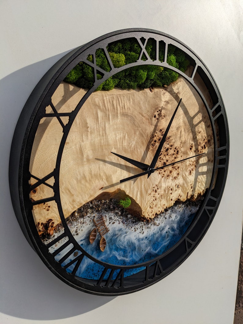 Wood Resin Wall Clock, Moss Decor, Beach Wave Wall Clock, Epoxy Resin ...