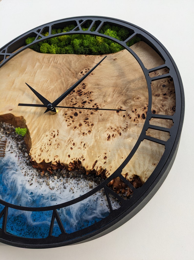 Wood Resin Wall Clock, Moss Decor, Beach Wave Wall Clock, Epoxy Resin ...