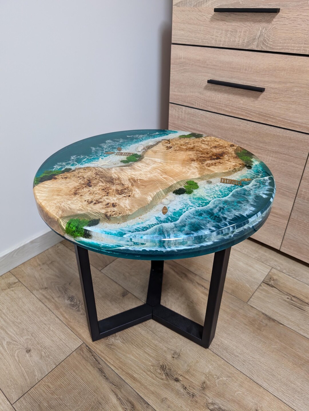 Ocean Resin Wood Side Table: Round Epoxy Coffee Table With Moss Art - Etsy