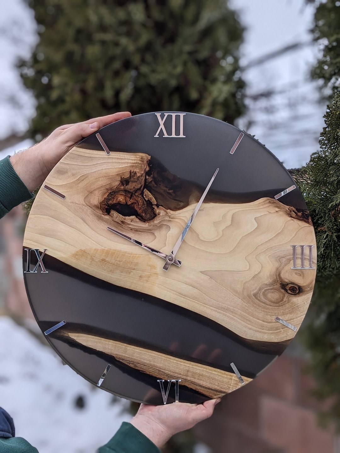 Handmade Walnut Wood Wall Clock With Black Resin & Acrylic Numbers - Etsy