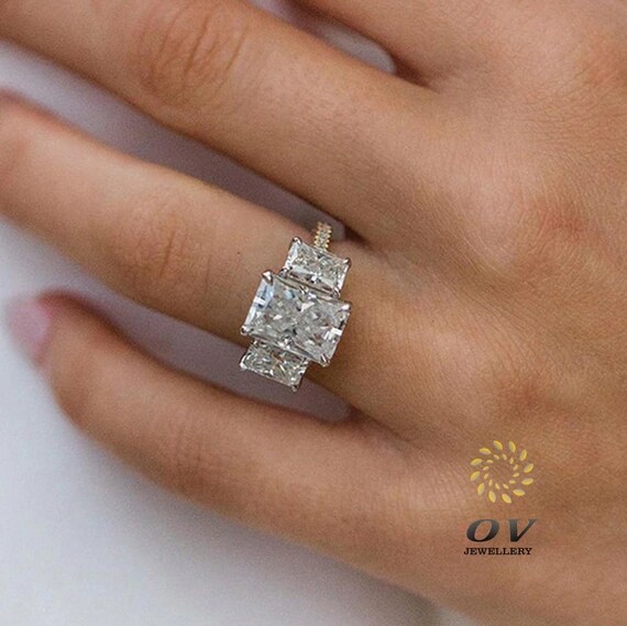 Three Stone Radiant Cut Moissanite Engagement Ring Radiant Etsy
