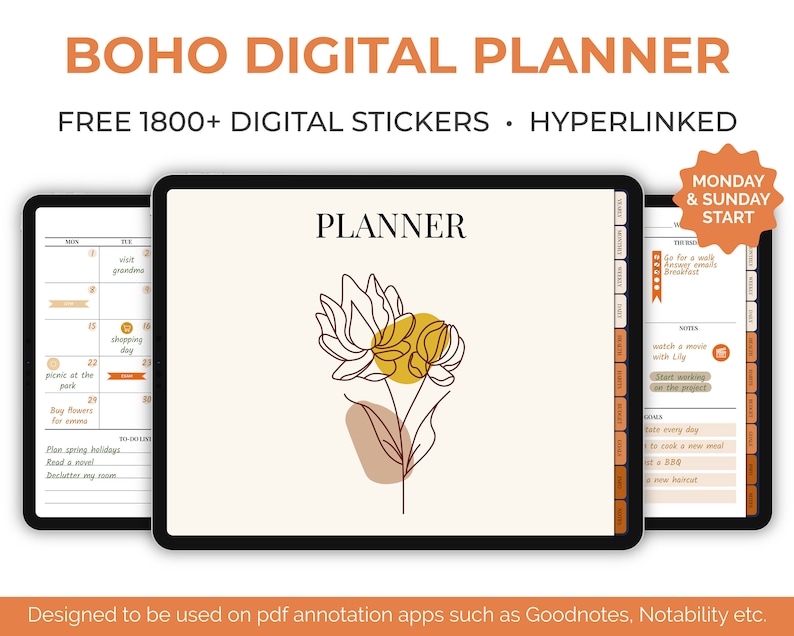 Undated Boho Digital Planner Horizontal Planner for - Etsy