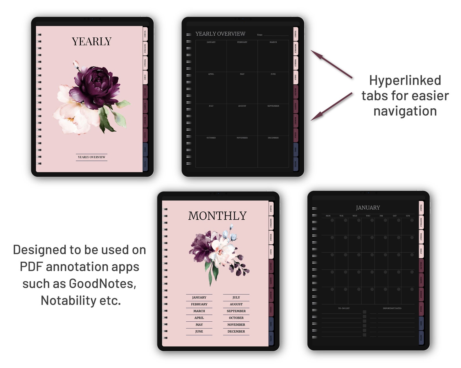 Undated Dark Mode Digital Planner for Goodnotes/notability, Hyperlinked ...