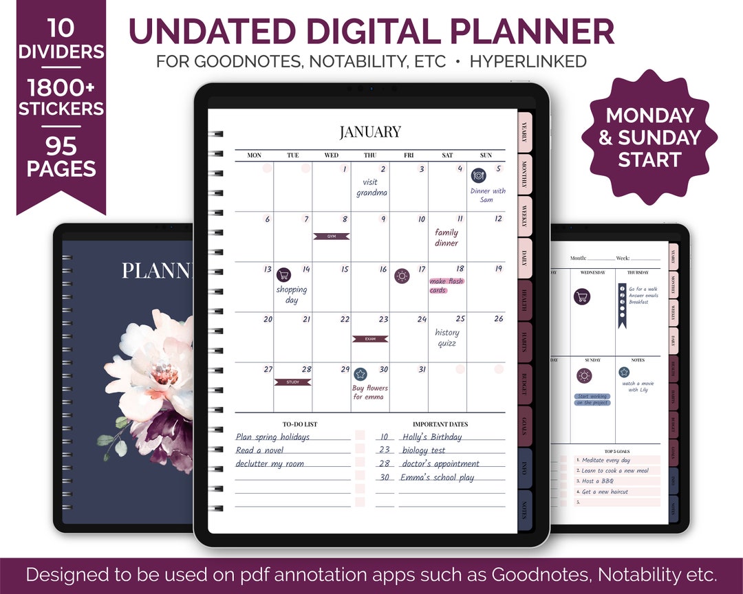 Undated Digital Planner for Goodnotes/notability With Hyperlinks, iPad ...