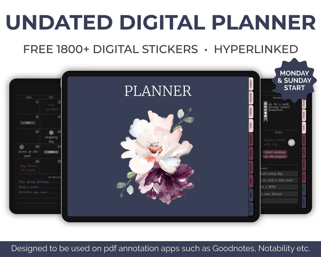 Undated Dark Mode Digital Planner for Goodnotes/notability, Hyperlinked ...