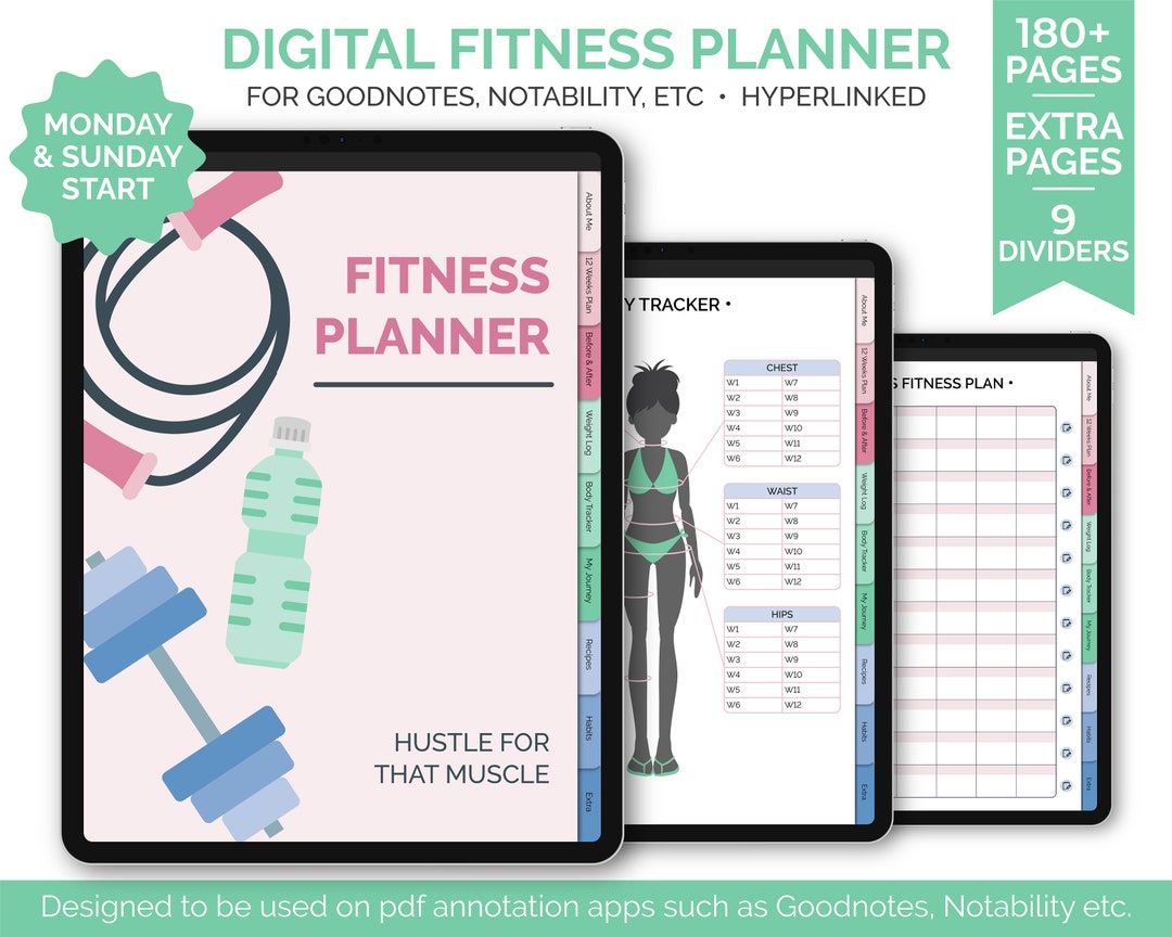 Digital Fitness Planner for Goodnotes, Notability | Hyperlinked Workout ...