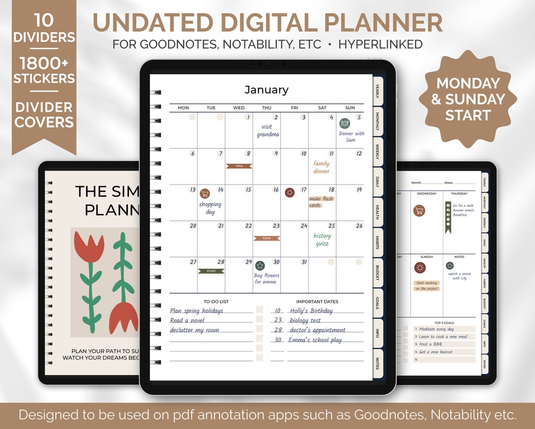 Undated Digital Planner, Monthly, Weekly and Daily Planner, iPad ...