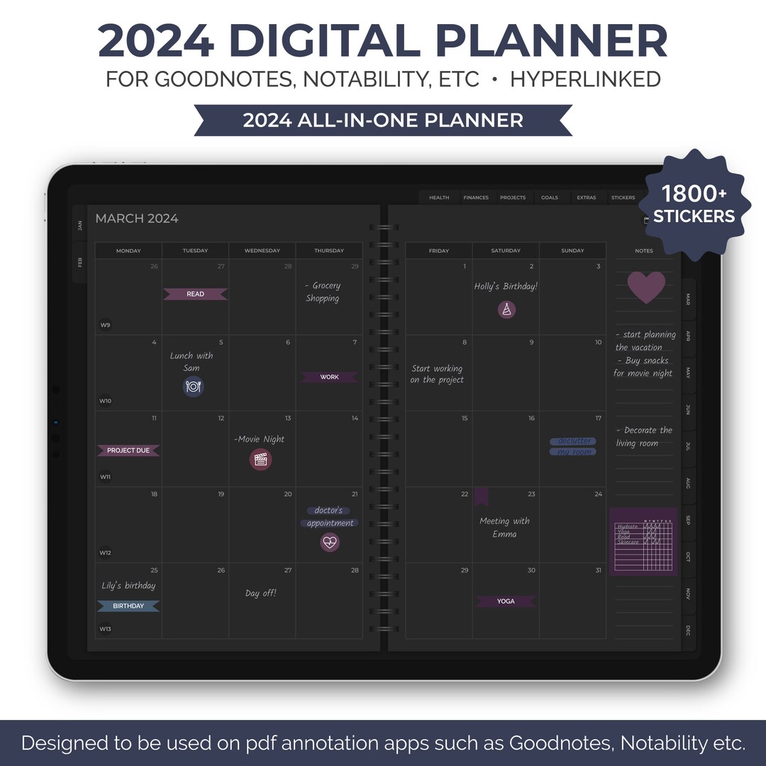 2024 Digital Planner for Goodnotes, Notability Planner, Dark Mode ...