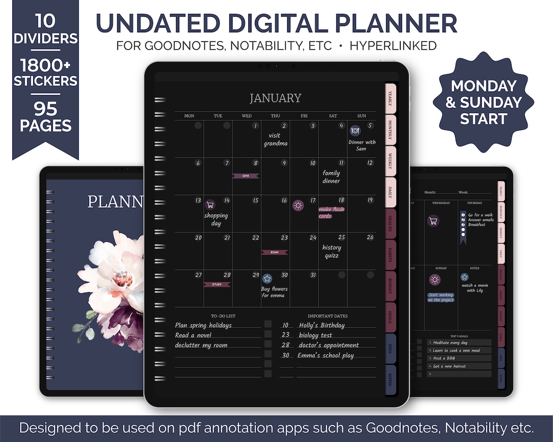 Undated Dark Mode Digital Planner for Goodnotes/notability, Hyperlinked ...