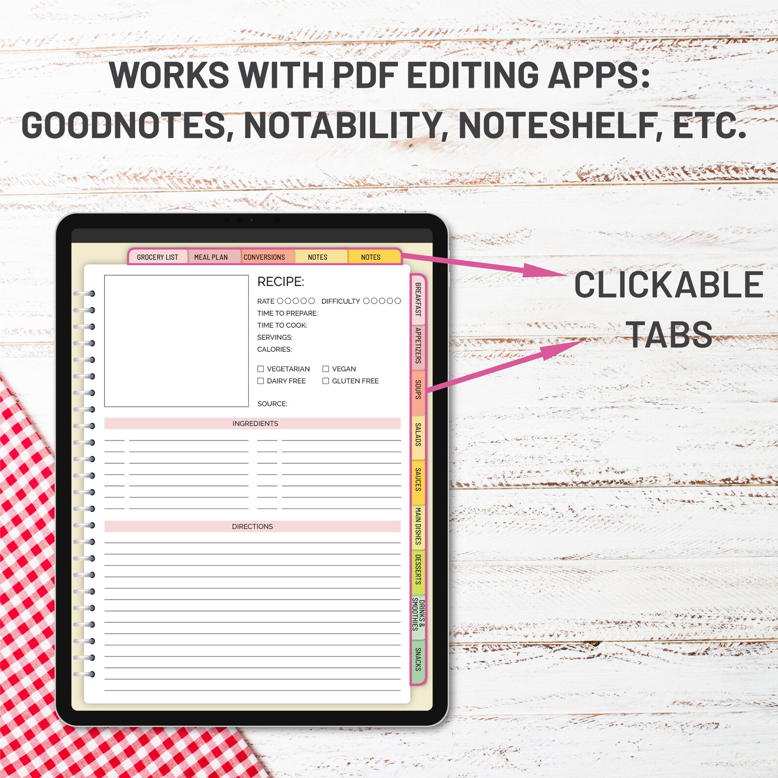 Digital Recipe Book for Goodnotes Notability Hyperlinked | Etsy