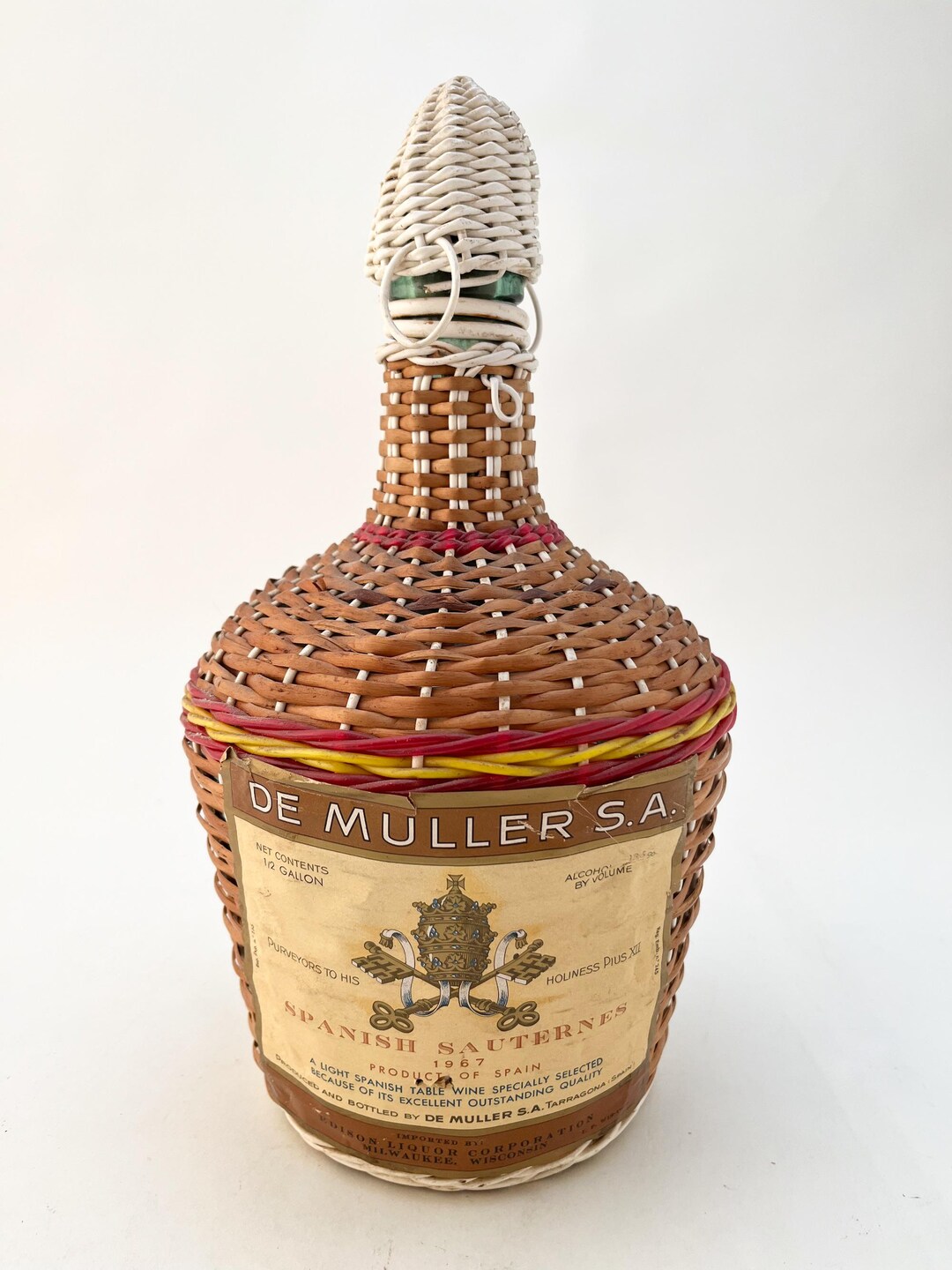 Demijohn Wicker Covered Bottle With Handle and Cap / 1967 Spanish ...