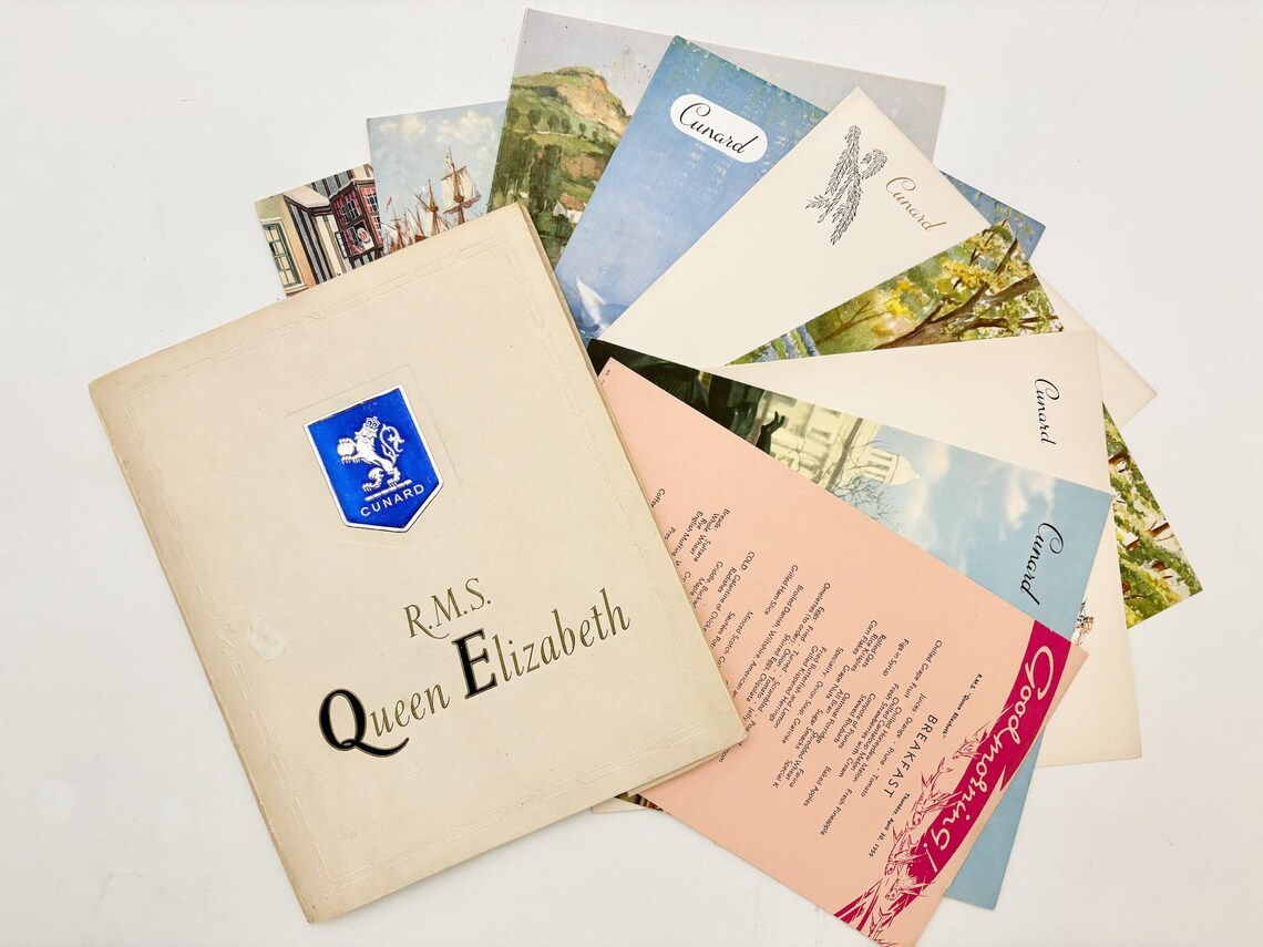 CUNARD LINE "my Voyage" RMS Queen Elizabeth Souvenir Book & 9 Menus ...