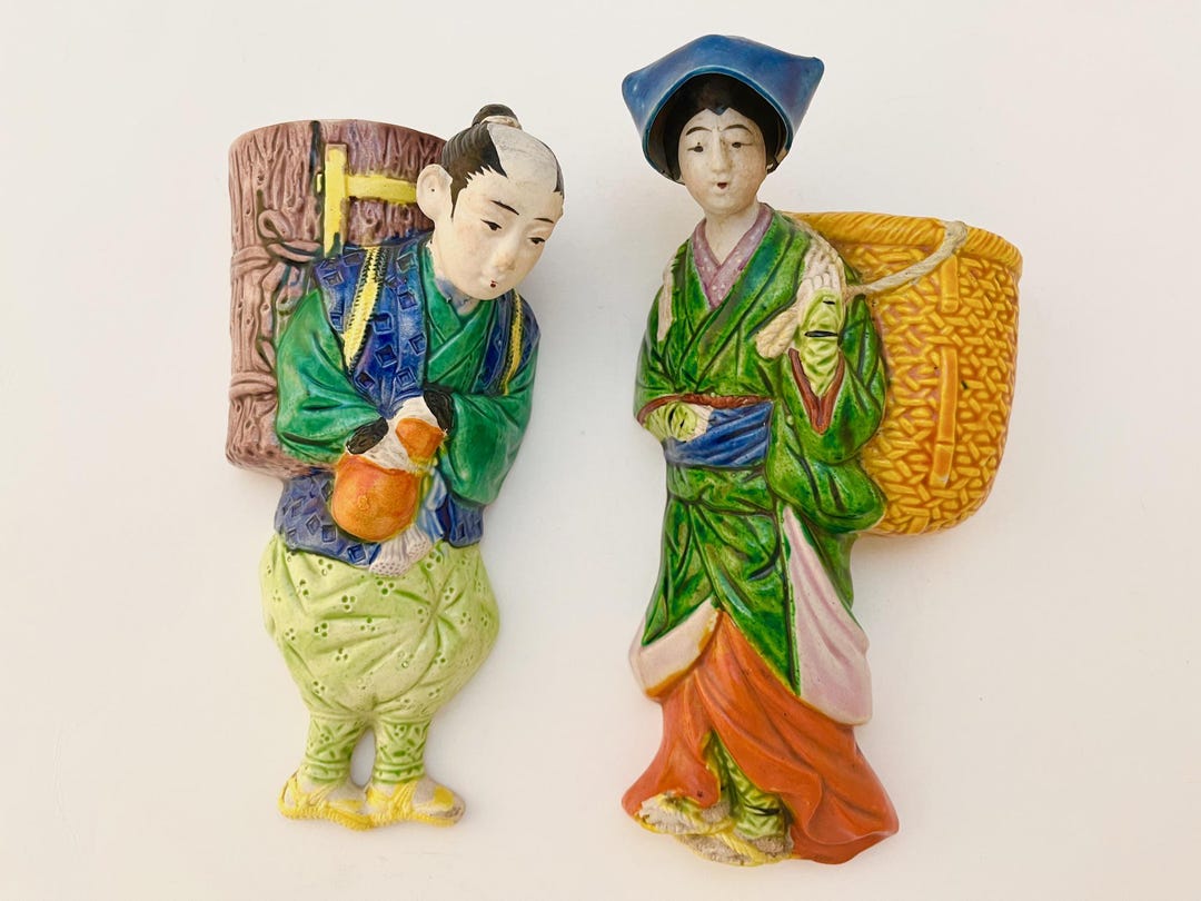 JAPANESE Figural Man & Woman Wall Pockets / Pair / Hand Painted Japan ...