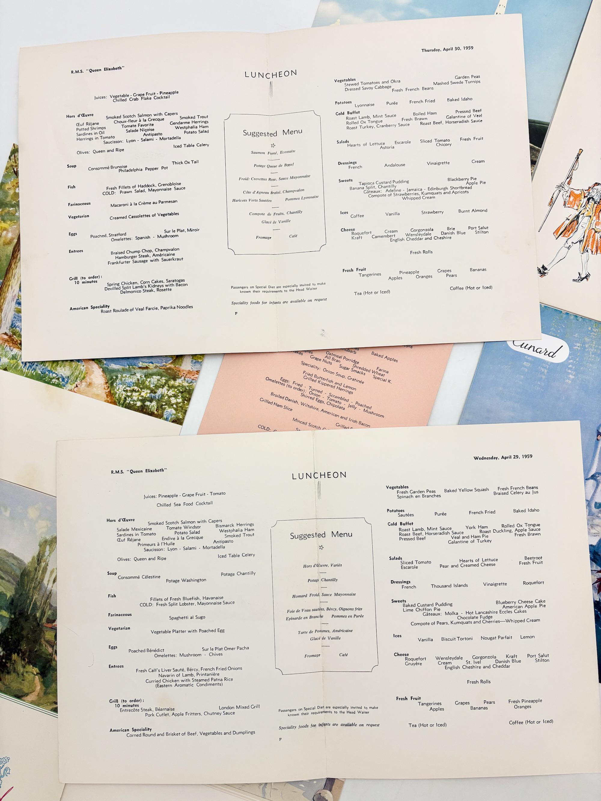 CUNARD LINE "my Voyage" RMS Queen Elizabeth Souvenir Book & 9 Menus ...