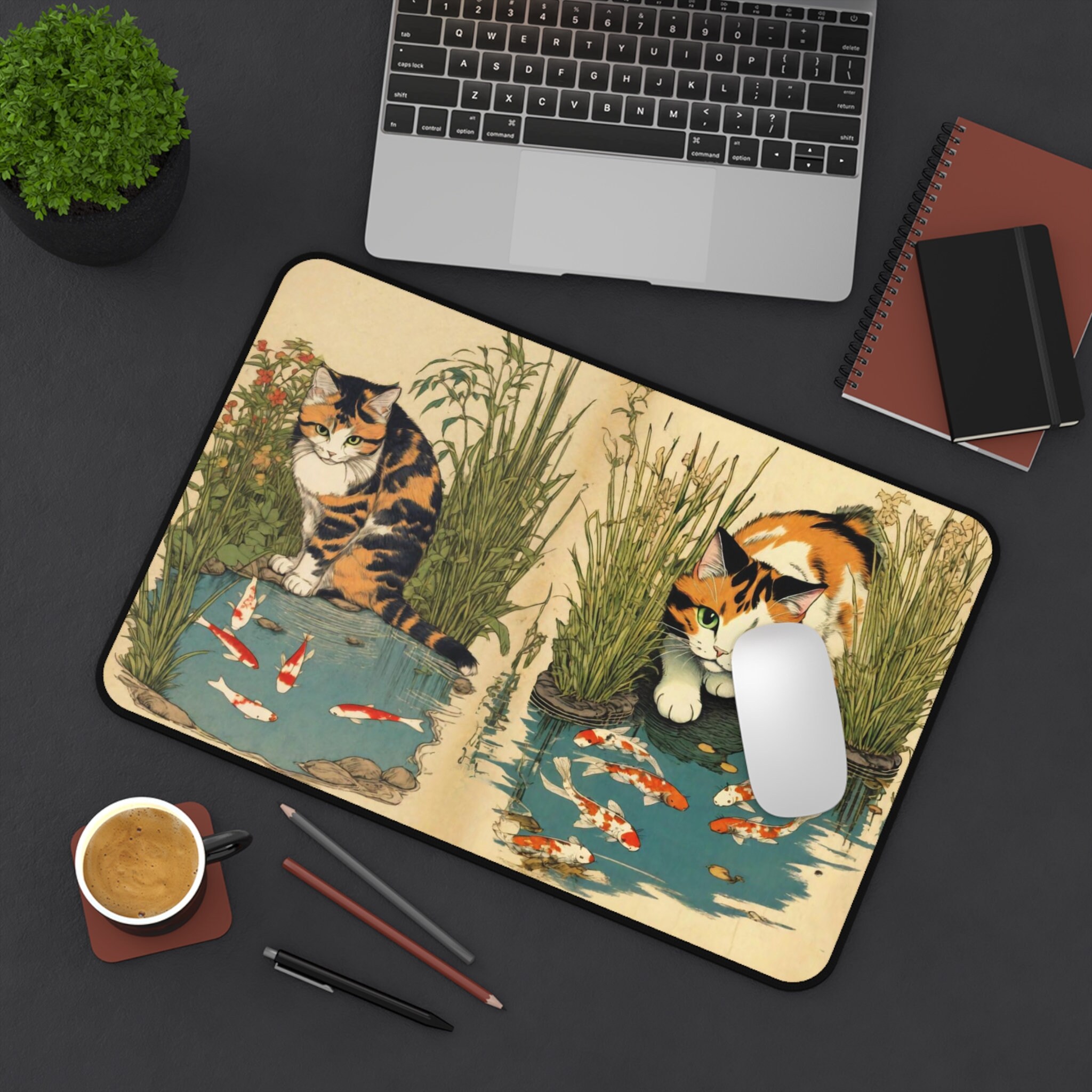 Koi Fish Calico Cat Desk Mat Japanese Koi Fish Art Desk Mat, Koi Fish ...