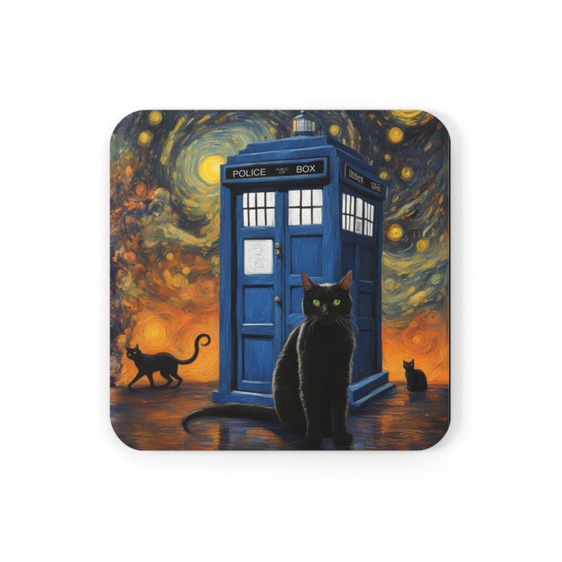 Black Cat Dr Who Coffee Coaster Set Doctor Style Tardis Cat Coasters ...