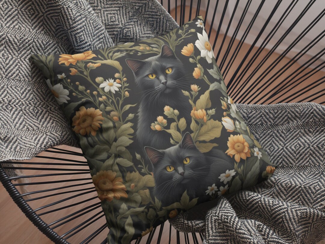 Black Cat Cottagecore Pillow, Cottage Core Cat Pillow, Dark Cottagecore ...