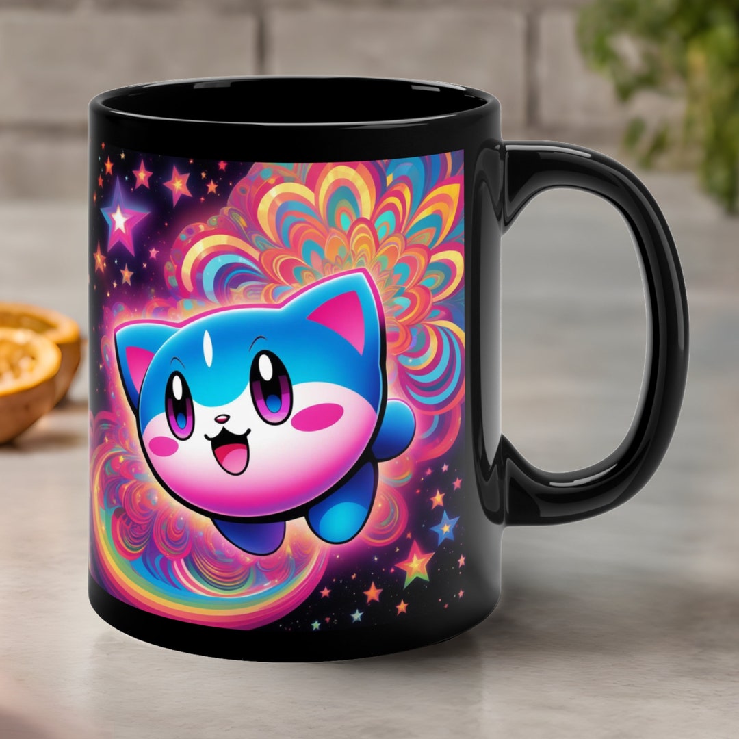 Kitty Kirby Mug Cute Kirby Styled Kitten Kawaii Mug Cat, Stars, Space ...