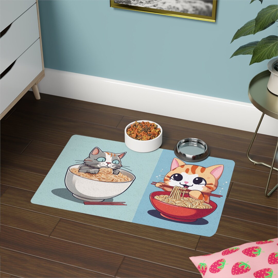 Cats Eating Large Ramen Bowl Pet Food Mat Funny Cat Food Mat, Cat Mat ...