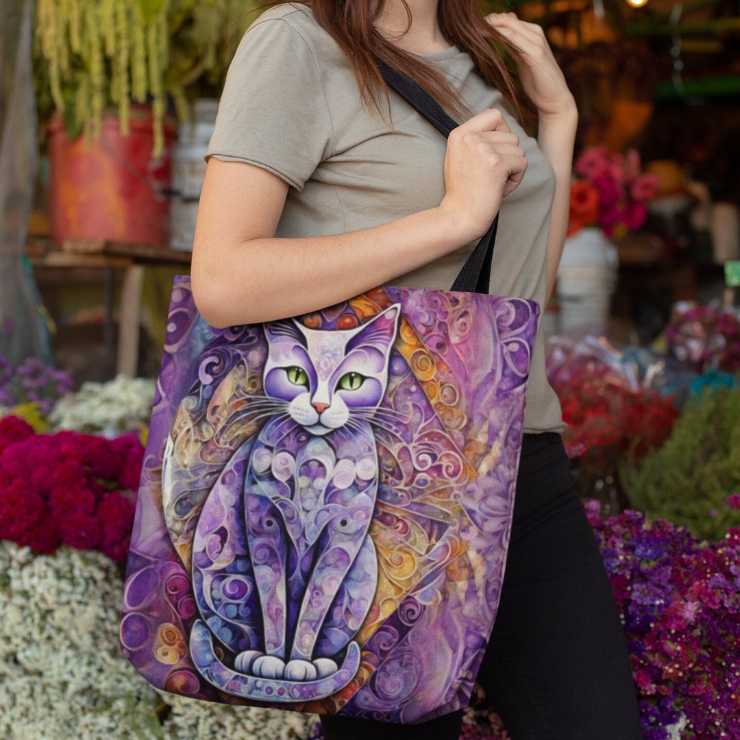 Lilac Cat Tote Bag - Art Deco Cat Merch, Quirky Cat Stuff, Cool Tote ...