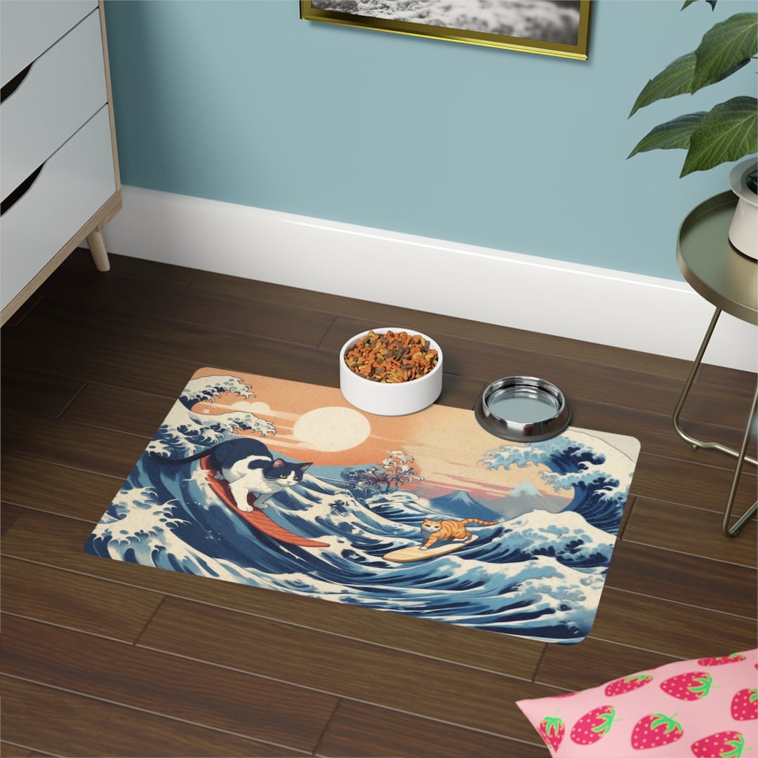 Cats Surfing the Great Wave off Kanagawa Pet Food Mat Cat Food Mat, Cat ...