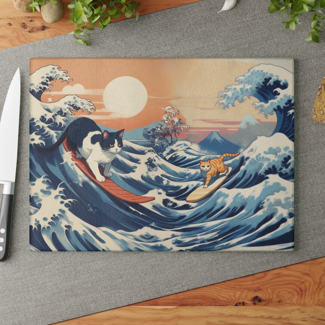Cats Surfing the Great Wave off Kanagawa Glass Cutting Board - Unique ...