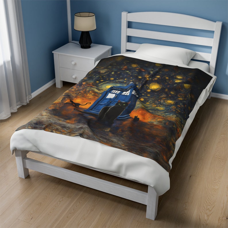 Black Cat Dr Who Blanket Doctor Style Tardis Blue Police Box Starry ...