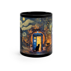 Black Cat Dr Who Mug Doctor Style Tardis Mug, Blue Police Box Starry ...