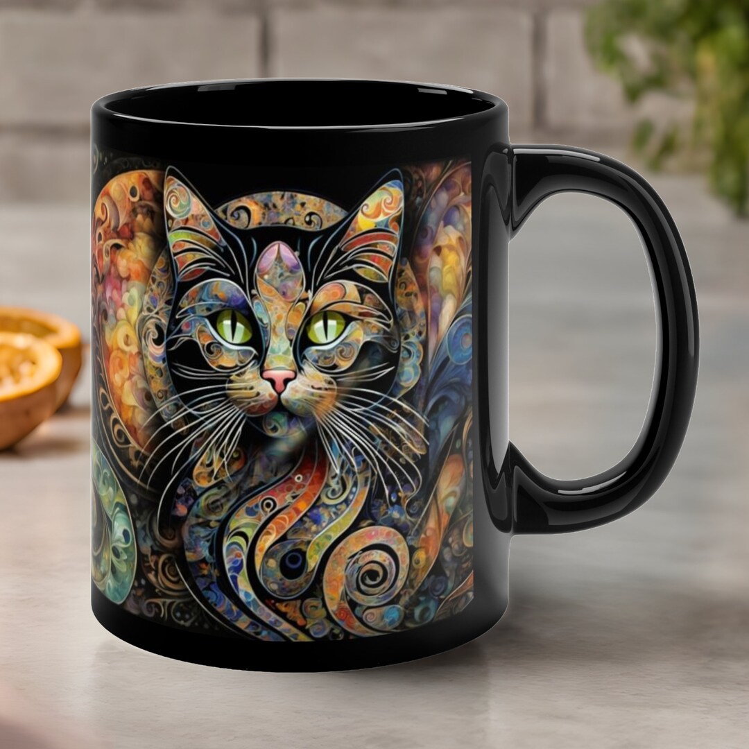 Black Cat Mug Art Deco Cat Coffee Mug, Artsy Cat Cup Cute Gift for Cat ...