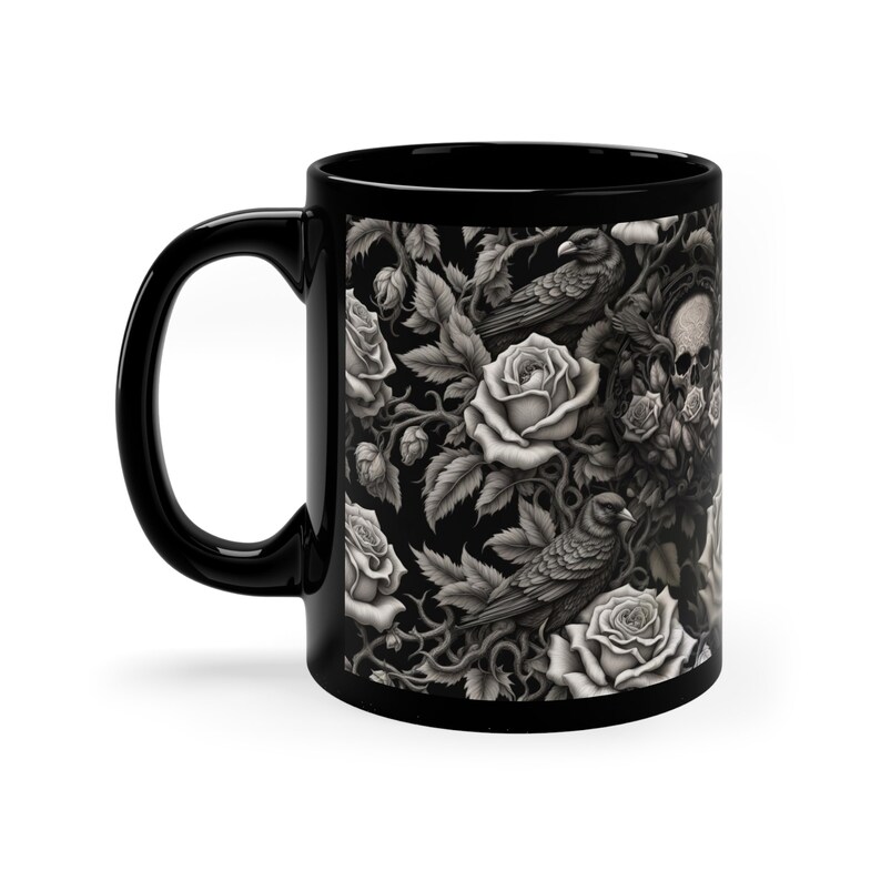 Black Cat Goth Mug - Gothic Artwork of Cat Snake Roses Raven Skull Mug ...