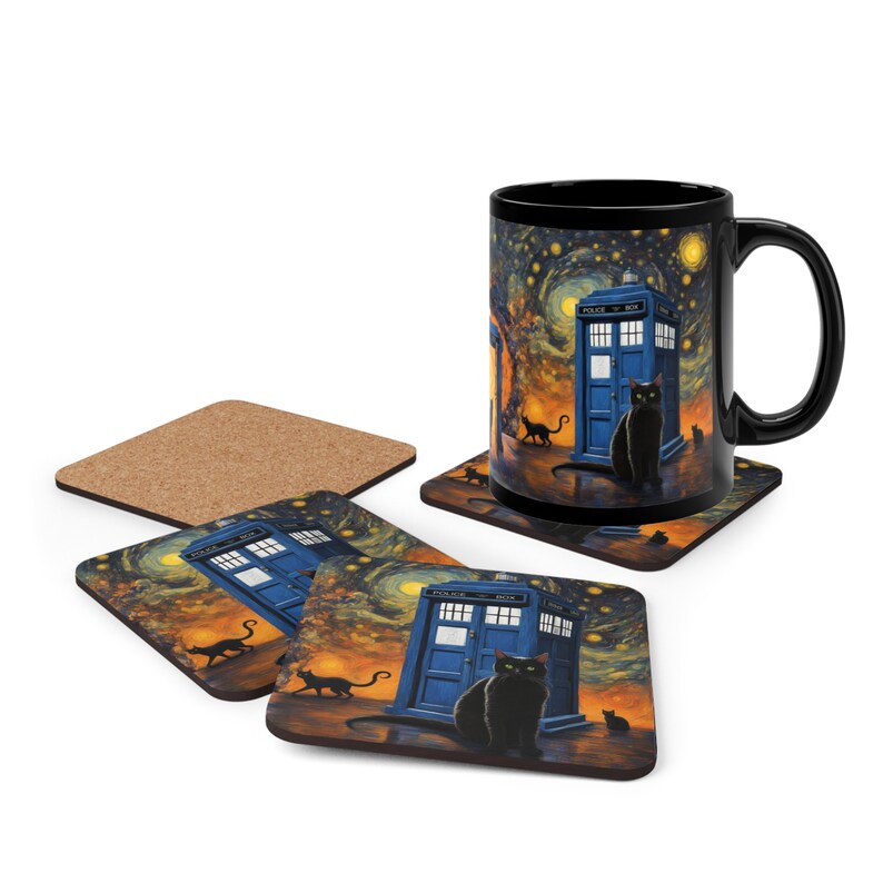 Black Cat Dr Who Coffee Coaster Set Doctor Style Tardis Cat Coasters ...